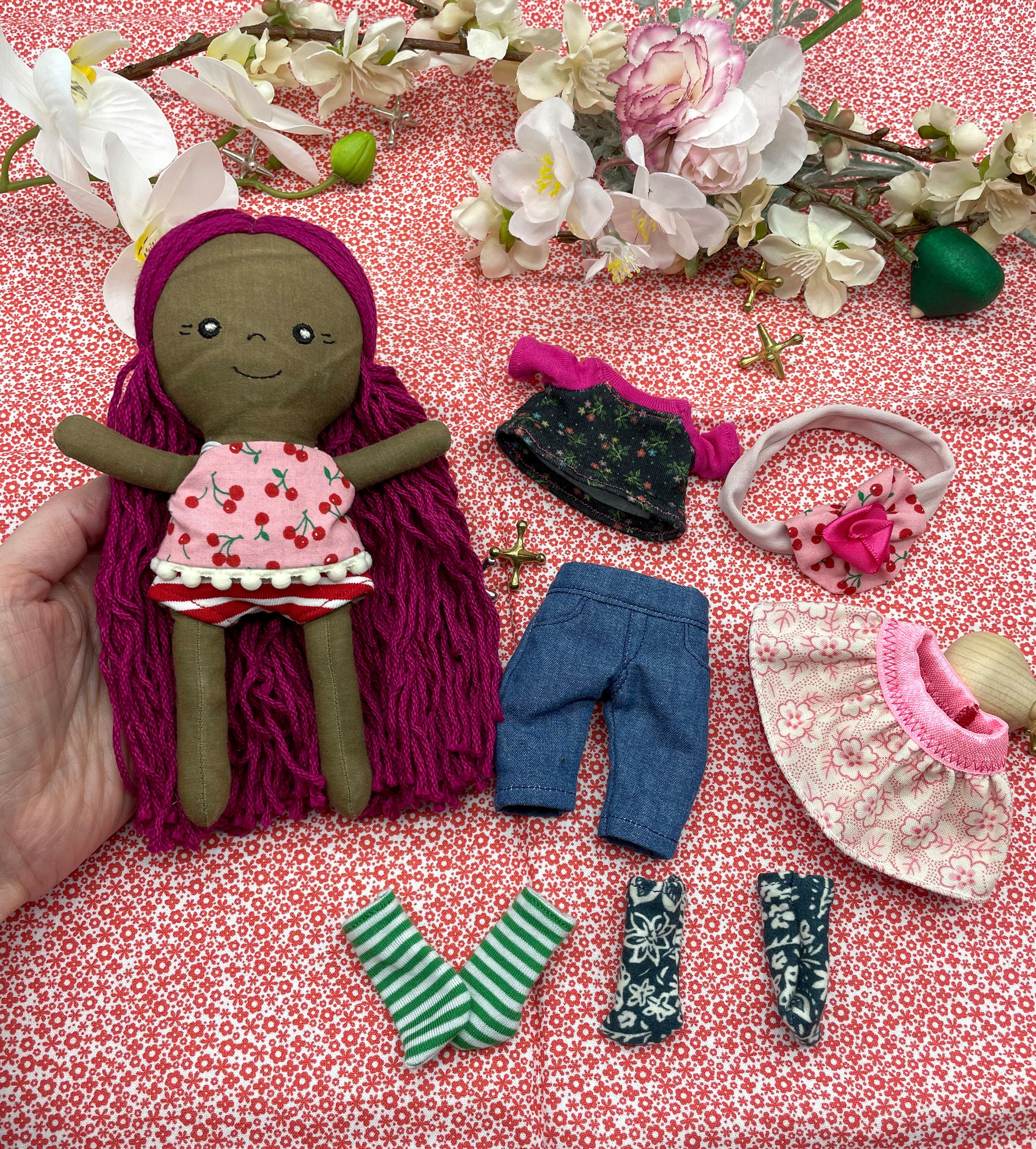 Small Handmade Doll with extra clothes, handmade, Pink hair, Accessori ...